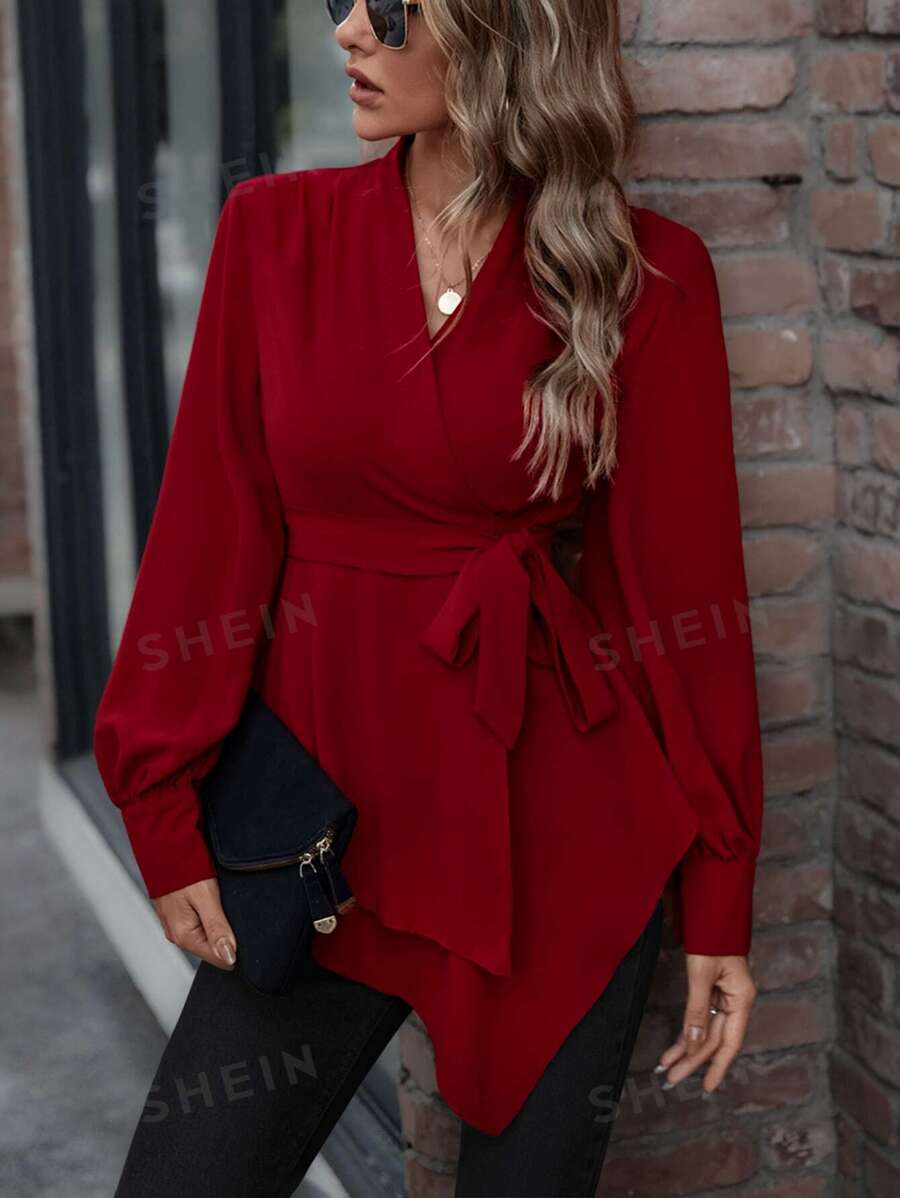 SHEIN LUNE Blusa de cuello cruzado bajo asimétrico con cinturón | Moda ...