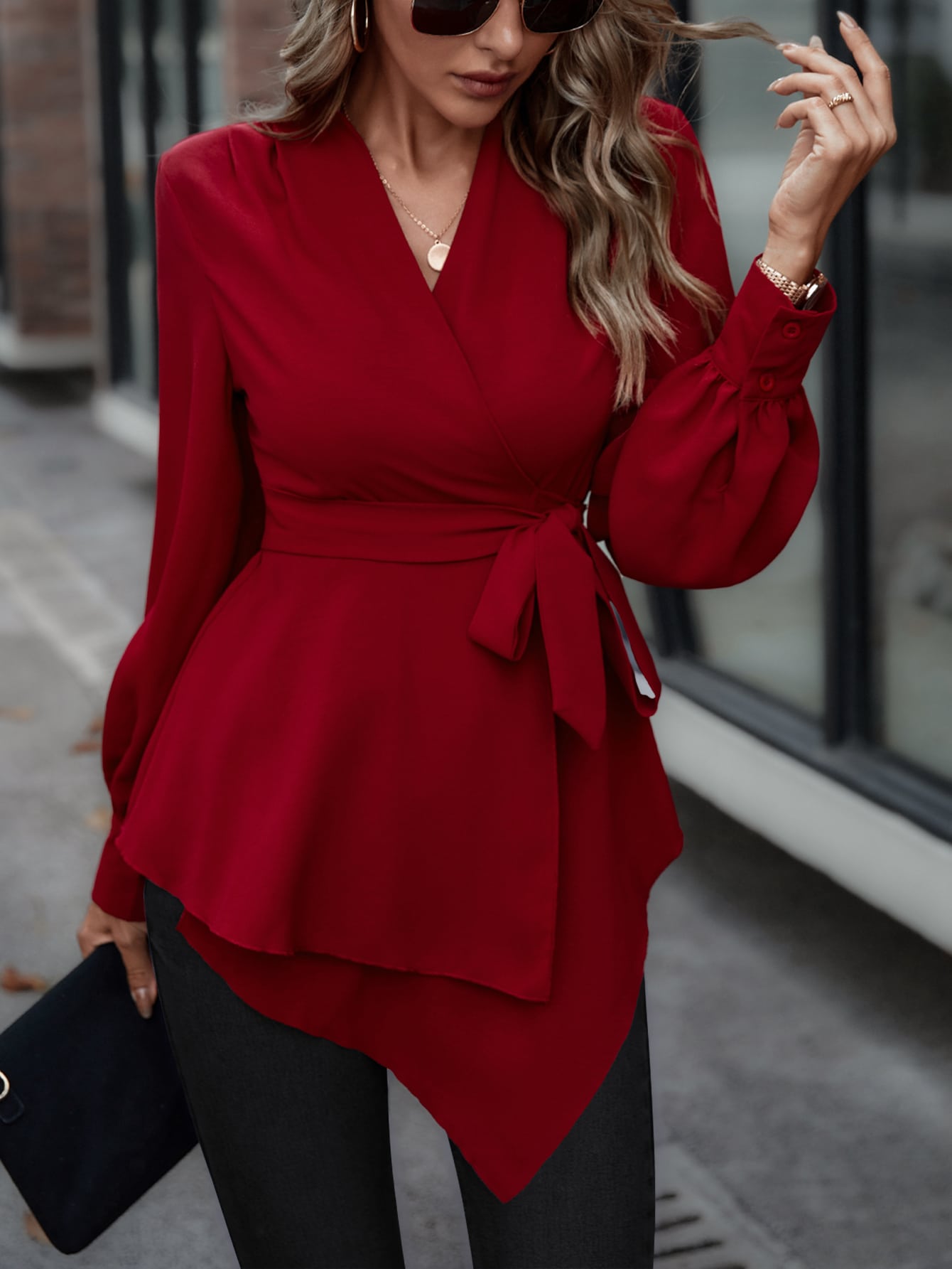 SHEIN LUNE Surplice Neck Asymmetrical Hem Belted Blouse | SHEIN UK
