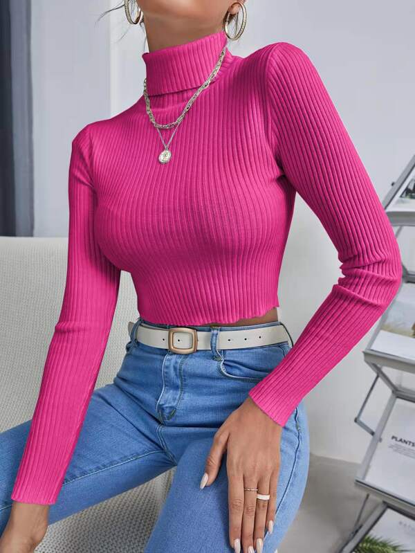 Shein Unity Solid High Neck Rib Knit Crop Sweater Shein Usa