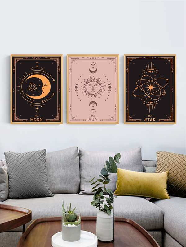 3pcs Moon & Star Pattern Unframed Painting, Wall Art Prints Hanging ...