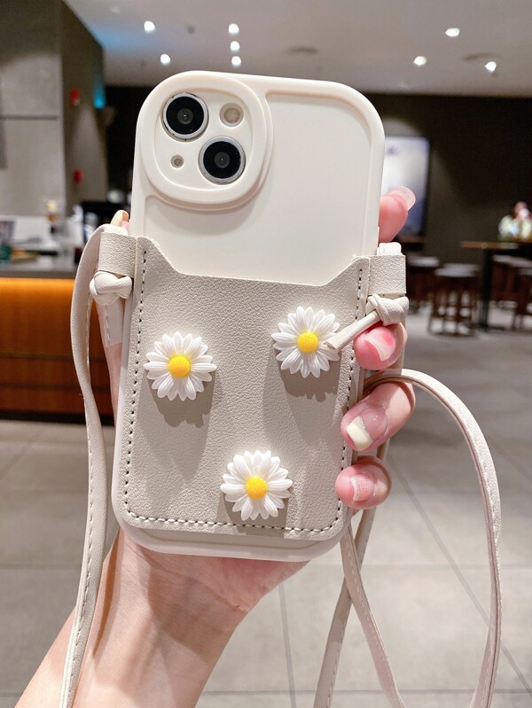 3D Daisy Decor Card Bag Phone Case With Lanyard Compatible With iPhone 15/15Pro/15Plus/15Promax ...