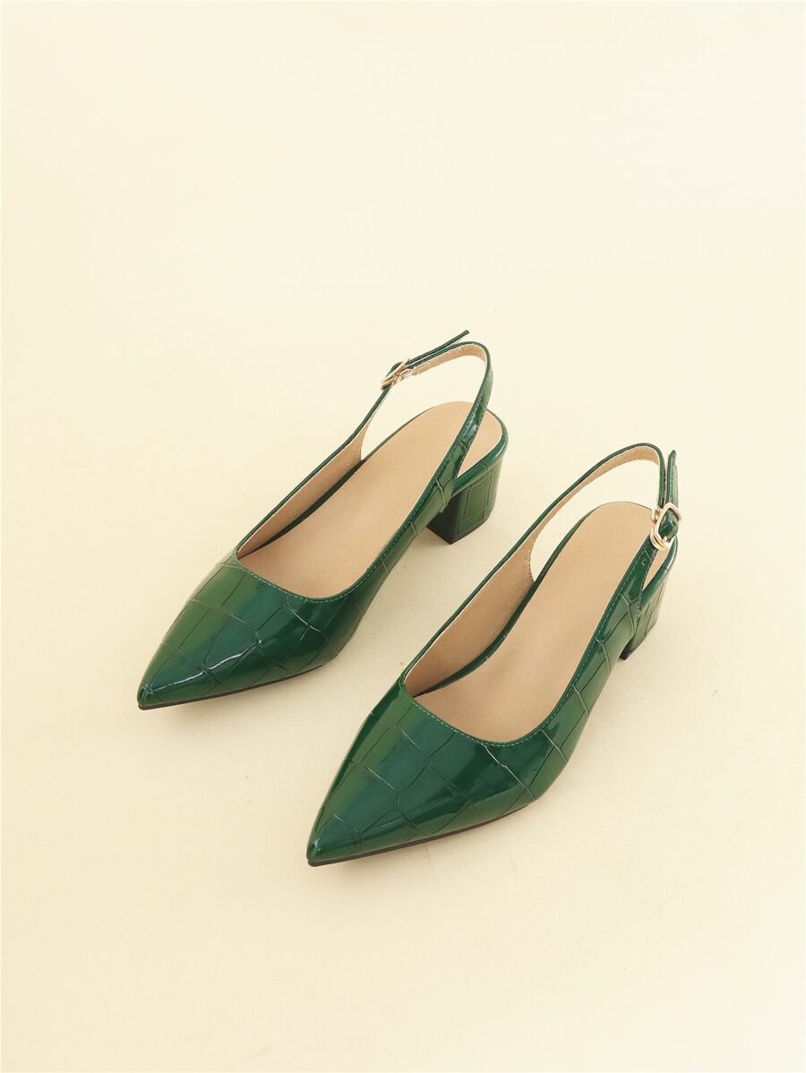 Women Crocodile Embossed Pumps, Point Toe Chunky Heeled Slingback Pumps ...