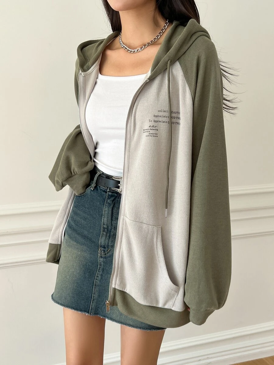 DAZY Slogan Graphic Colorblock Raglan Sleeve Zip Up Drawstring Hoodie ...