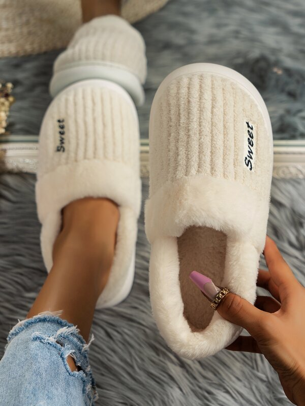 Letter Embroidered Fuzzy Slipper Boots | SHEIN USA