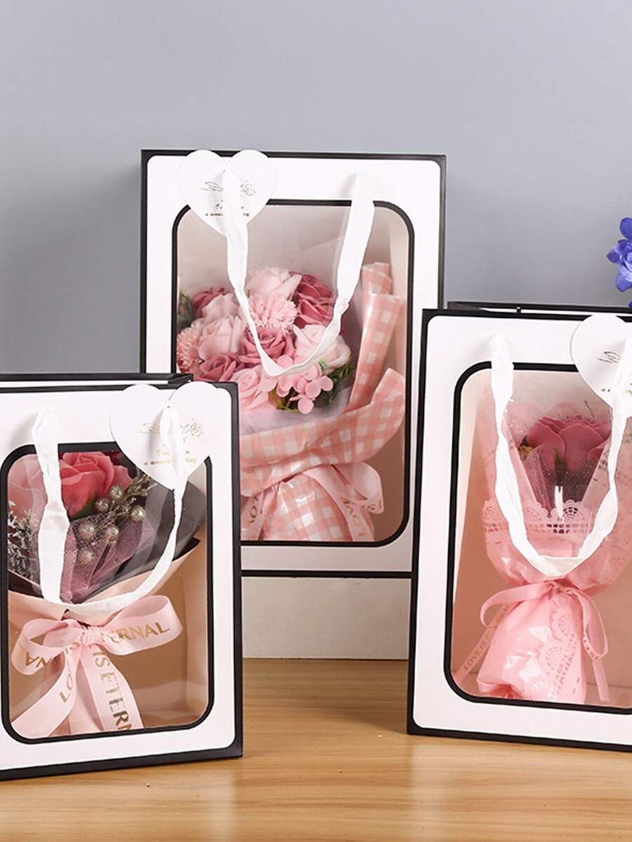 1pc Gift Bag, White and Black Kraft Bag With Clear Window And Bow Pack ...