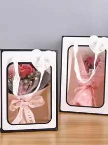 1pc Gift Bag, White and Black Kraft Bag With Clear Window And Bow Pack ...
