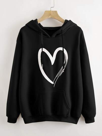 Shein Ezwear Heart Print Kangaroo Pocket Drawstring Hoodie Shein Uk