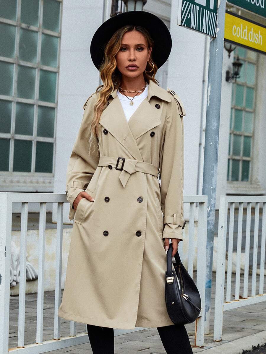 SHEIN LUNE Casual Eenkleurig Dames trench jassen Riem Zak Dubbele knoop Split | SHEIN Nederland