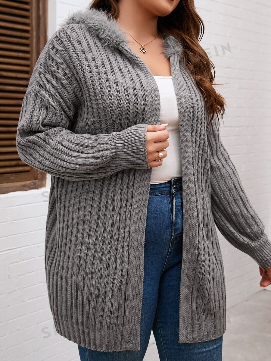 SHEIN LUNE Plus Fuzzy Trim Drop Shoulder Hooded Cardigan | SHEIN UK
