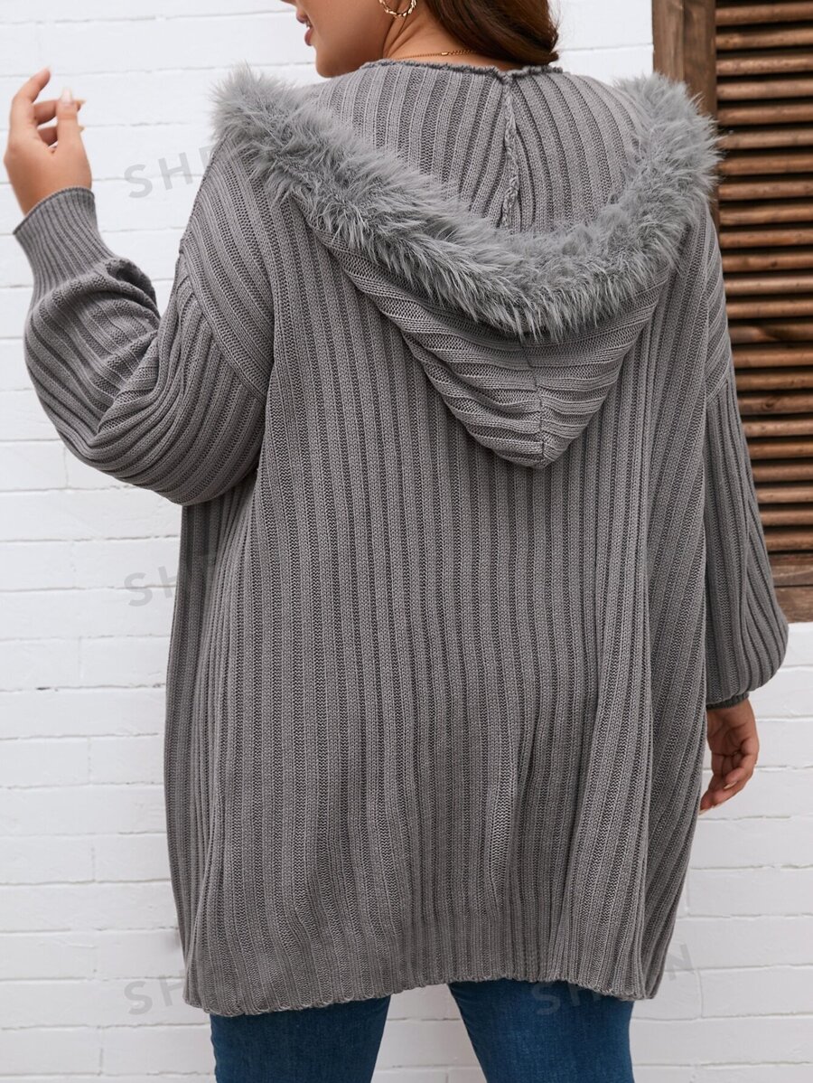 SHEIN LUNE Plus Fuzzy Trim Drop Shoulder Hooded Cardigan | SHEIN UK