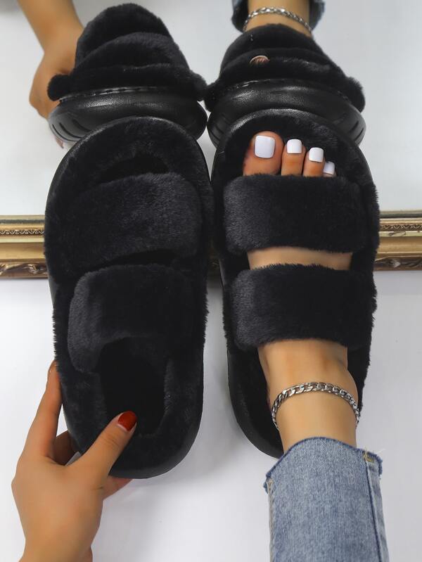 Double Strap Fluffy Bedroom Slippers,Women's EVA Thick-soled Black Long ...