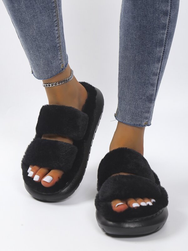 Double Strap Fluffy Bedroom Slippers,Women's EVA Thick-soled Black Long ...