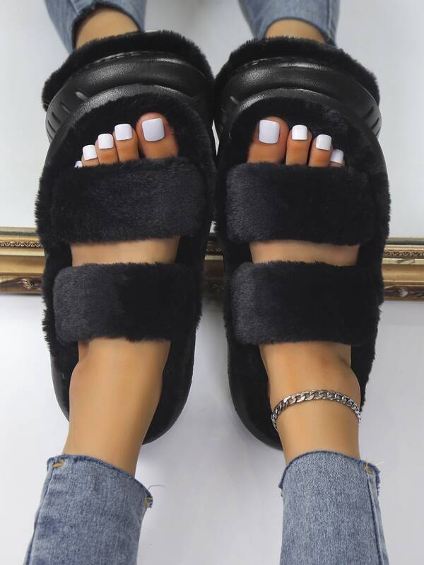 Double Strap Fluffy Bedroom Slippers,Women's EVA Thick-soled Black Long ...