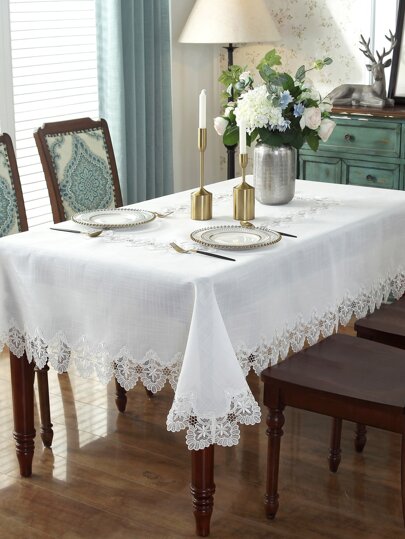 1pc Lace Table Cloth, Simple White Bamboo Joint Fabric With 3d Hollow ...