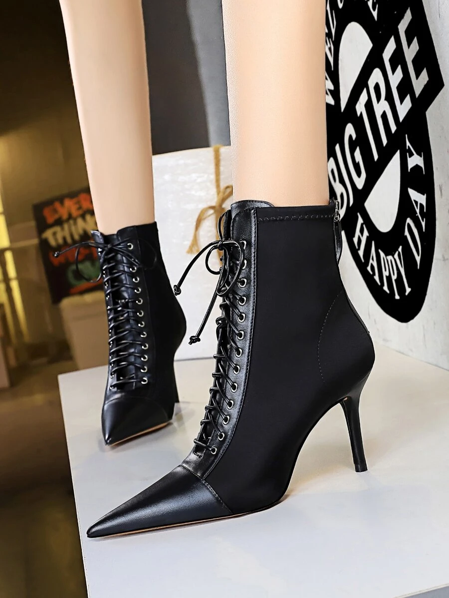 Lace-up Front Point Toe Stiletto Heeled Classic Boots | SHEIN USA