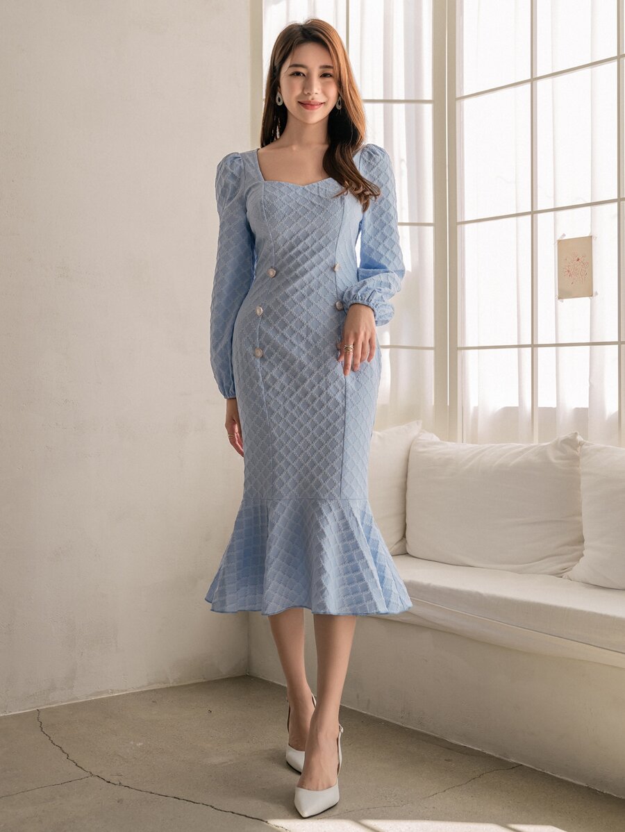 SHEIN Modely Square Neck Lantern Sleeve Mermaid Hem Jacquard Dress ...