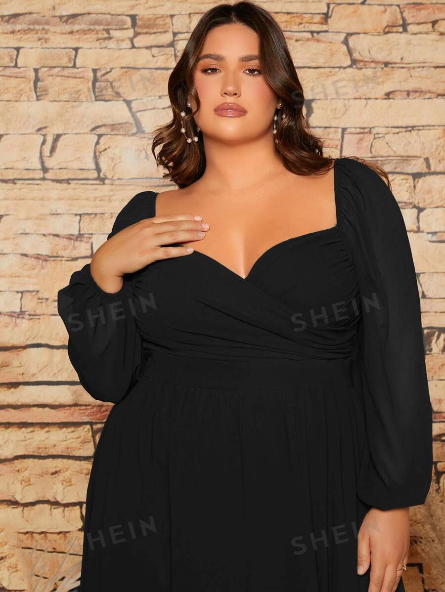 Shein Belle Plus Sweetheart Neck Lantern Sleeve Split Thigh Chiffon