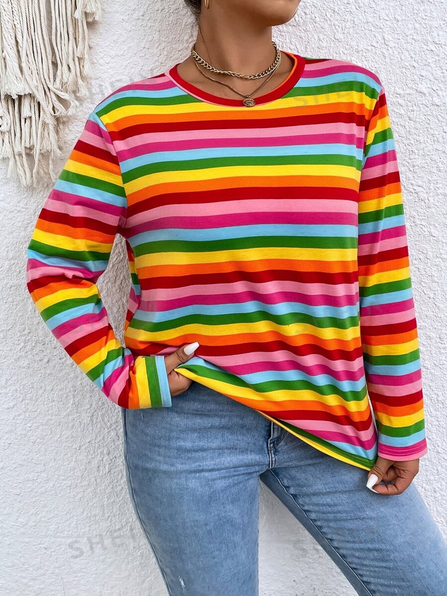 SHEIN Unity Plus Rainbow Striped Tee | SHEIN UK
