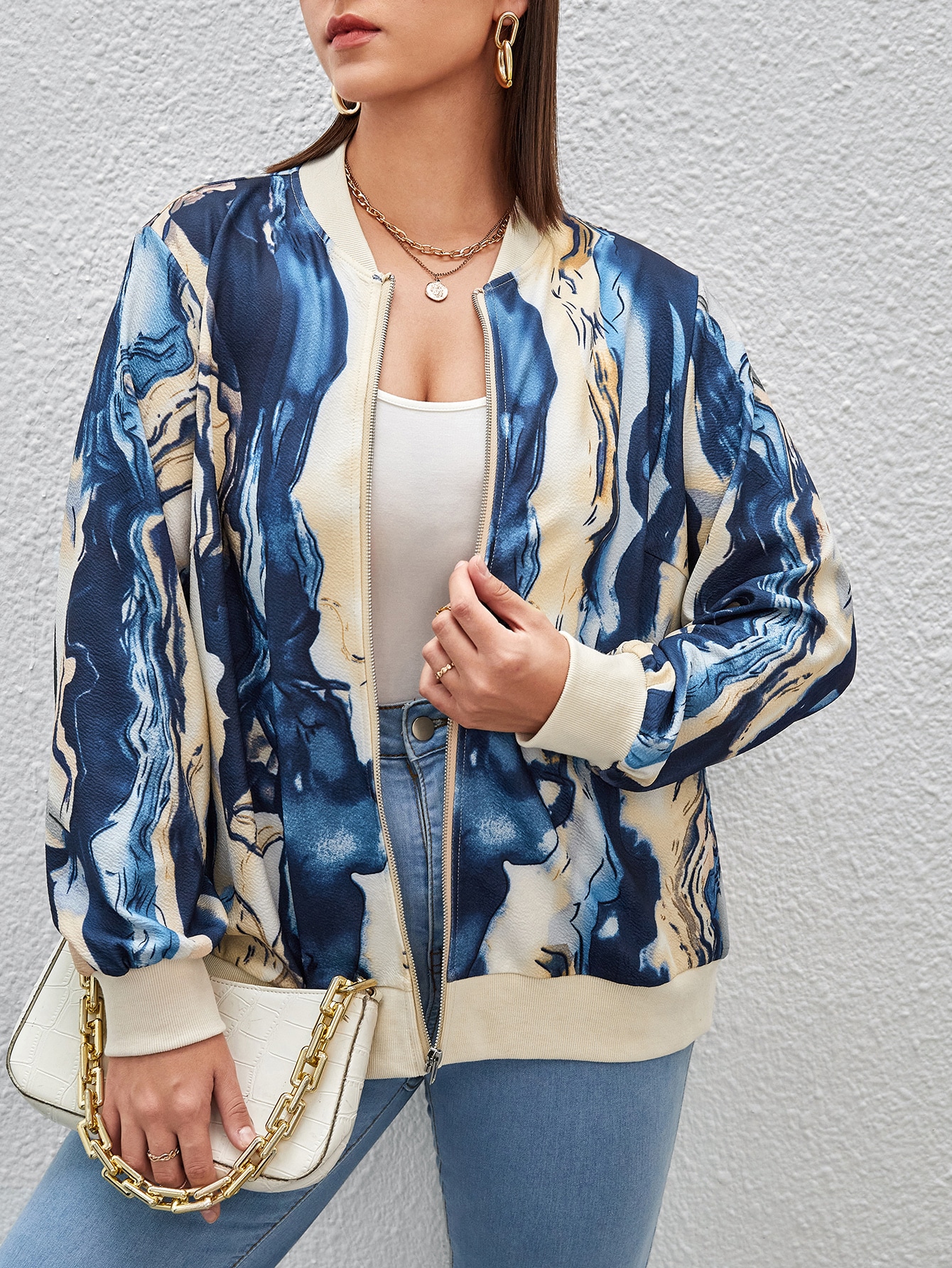 SHEIN LUNE Plus Marble Print Bomber Jacket | SHEIN UK