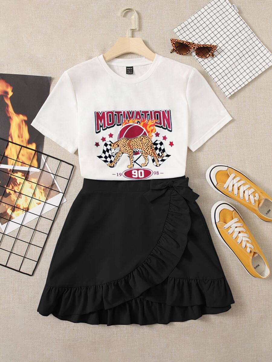 SHEIN EZwear Leopard Print Tee & Wrap Skirt Set | SHEIN USA