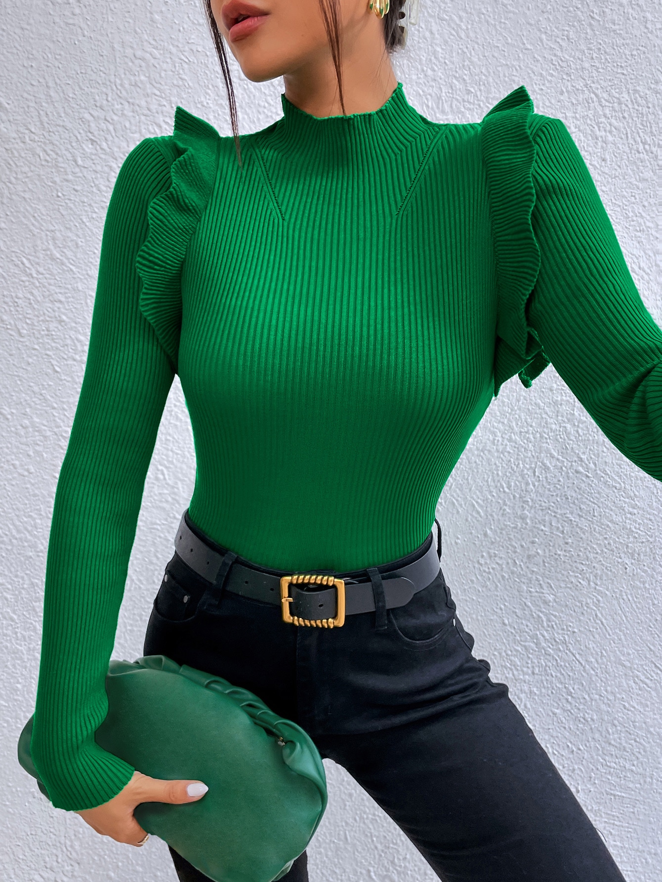 Mock Neck Ruffle Trim Sweater Shein Usa