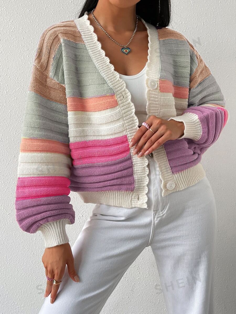 Shein Qutie Colorblock Scallop Trim Drop Shoulder Cardigan Shein Eur