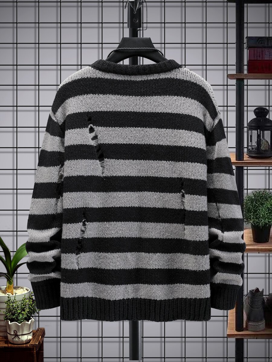 Manfinity Hypemode Men Striped Pattern Ripped Drop Shoulder Jumper ...