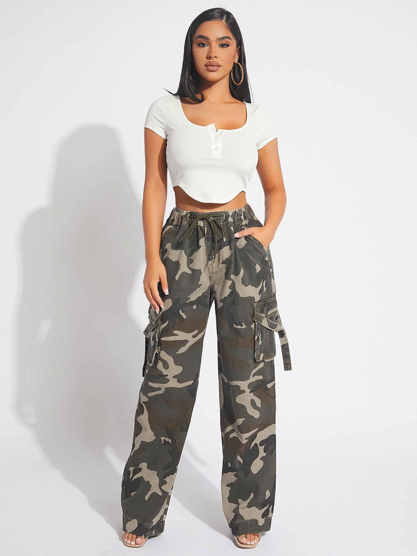 SHEIN SXY Camo Print Drawstring Waist Cargo Jeans | SHEIN USA