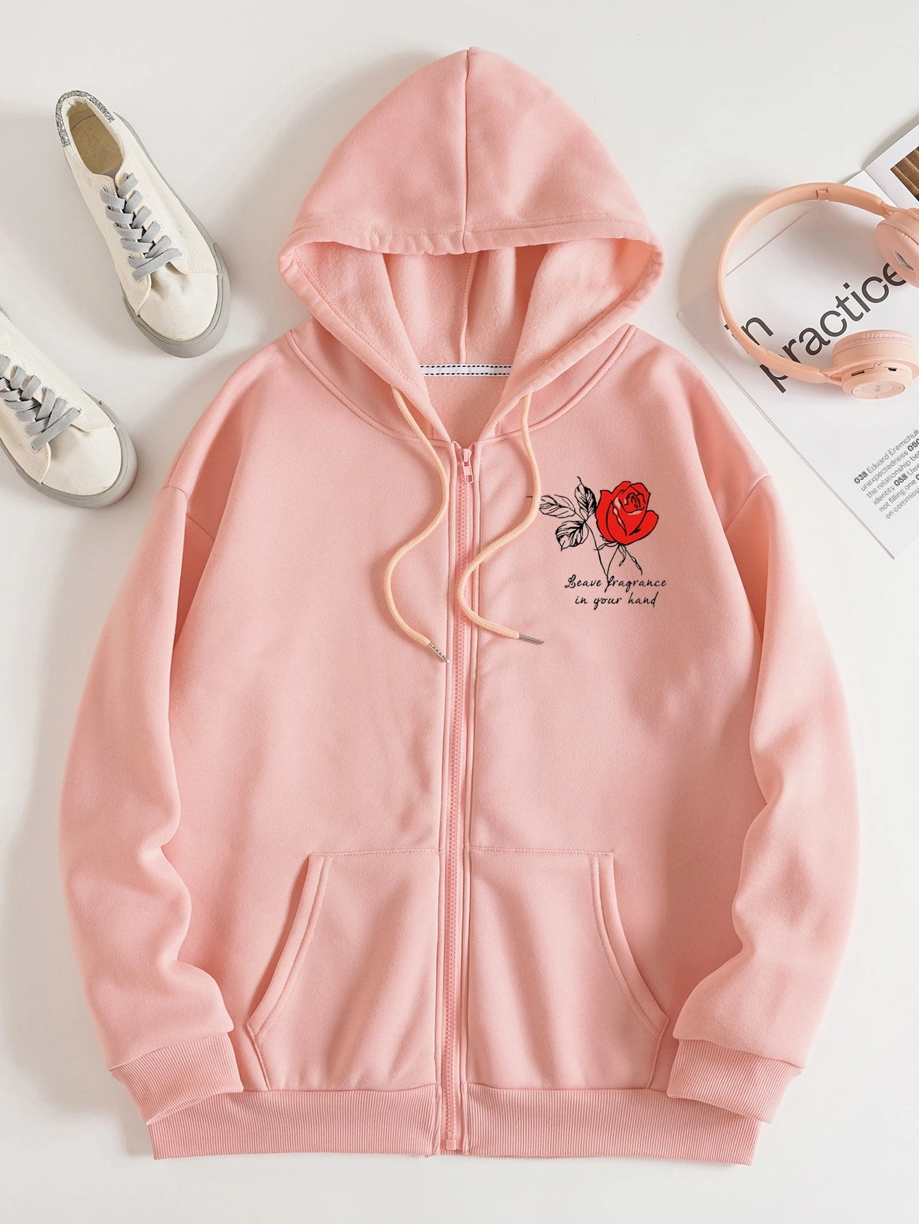 Shein Ezwear Floral And Slogan Graphic Zip Up Thermal Lined Drawstring