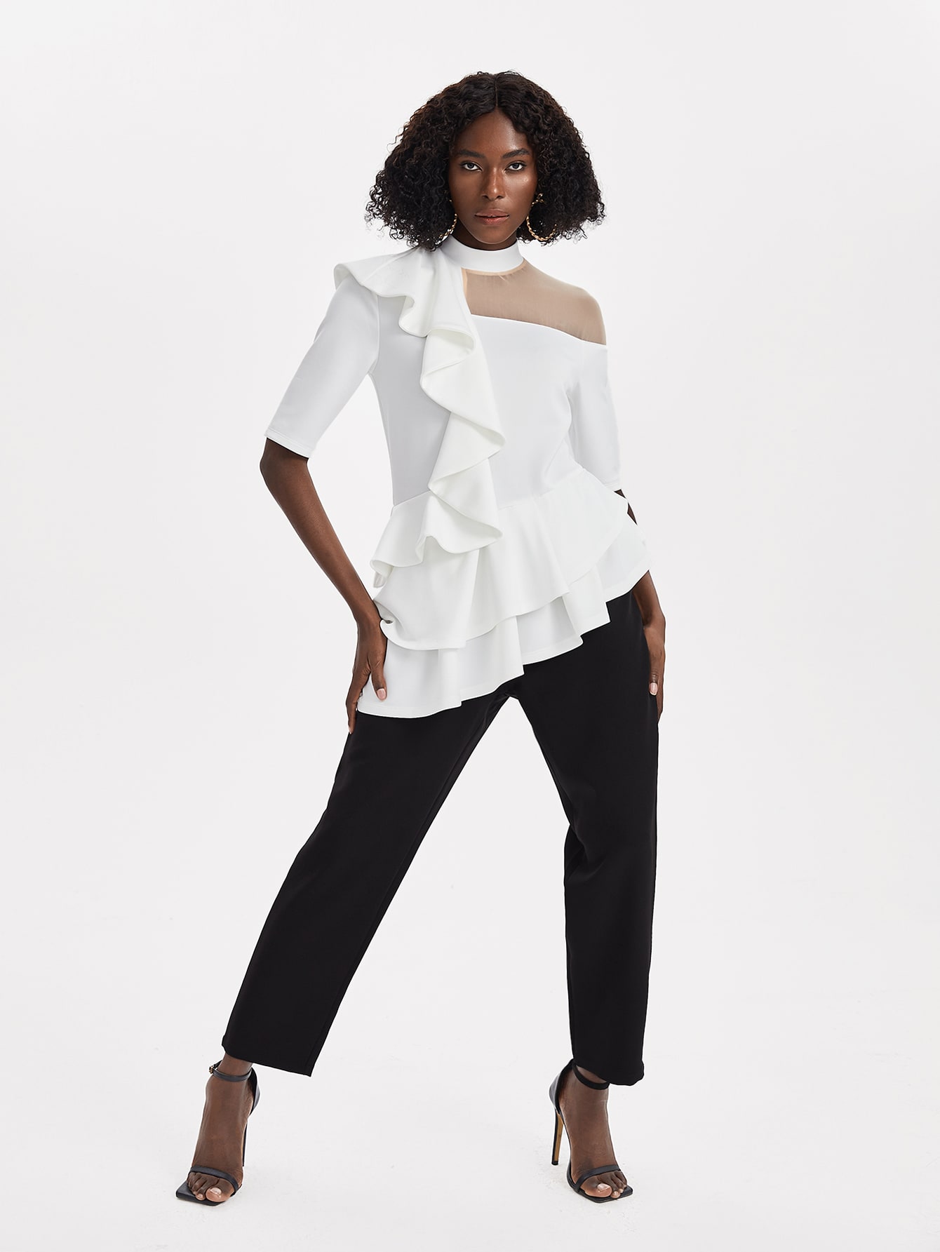 Tiya Mock Neck Mesh Yoke Ruffle Trim Tee Shein Uk