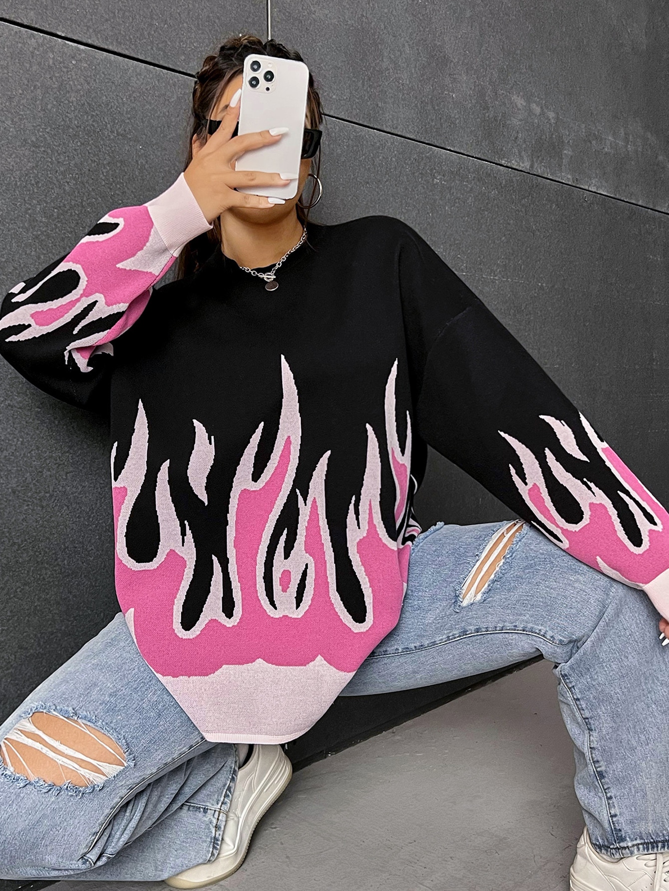 SHEIN Coolane Plus Fire Pattern Drop Shoulder Sweater | SHEIN USA