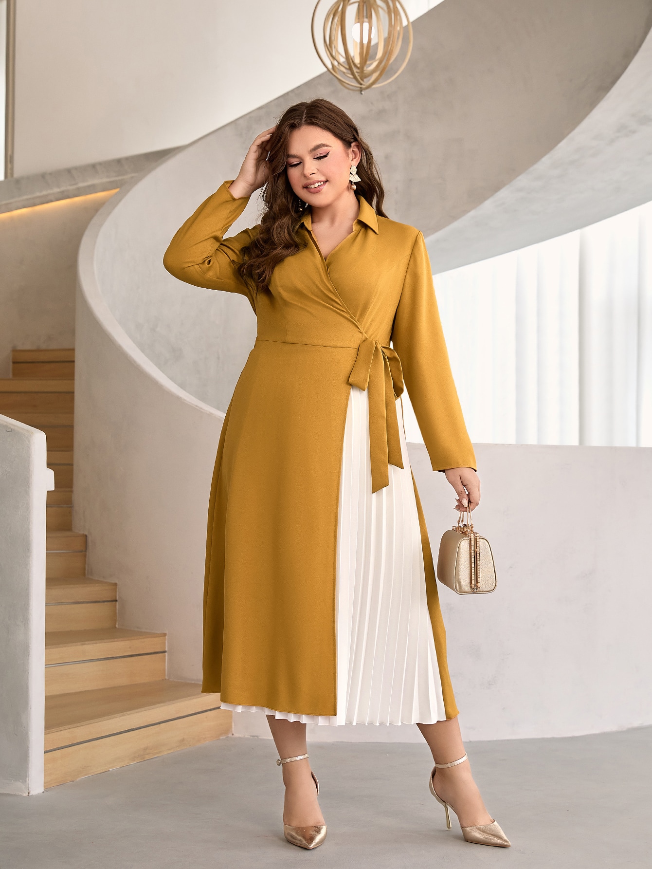 SHEIN Modely Plus Pleated Hem Wrap Knot Side Dress | SHEIN USA