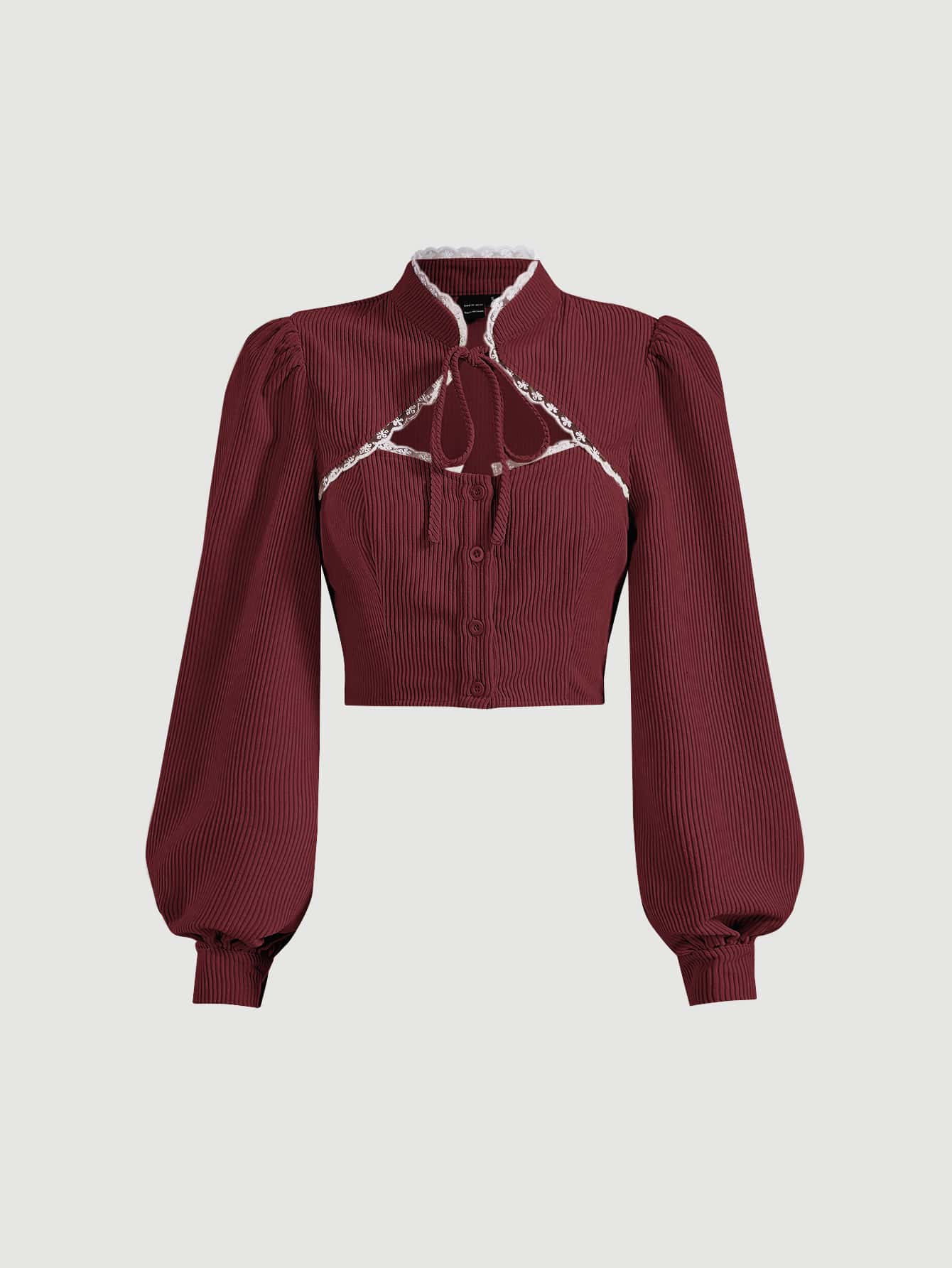 Shein Mod Camisa Corta Ribete Fruncido De Cuello Con Cordón Con