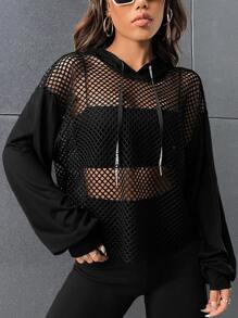 SHEIN Coolane Drop Shoulder Drawstring Mesh Hoodie Without Cami Top | SHEIN USA