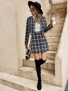 SHEIN LUNE Tweed Plaid Jacket With Button Front Skirt | SHEIN USA