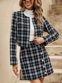 SHEIN LUNE Tweed Plaid Jacket With Button Front Skirt | SHEIN USA