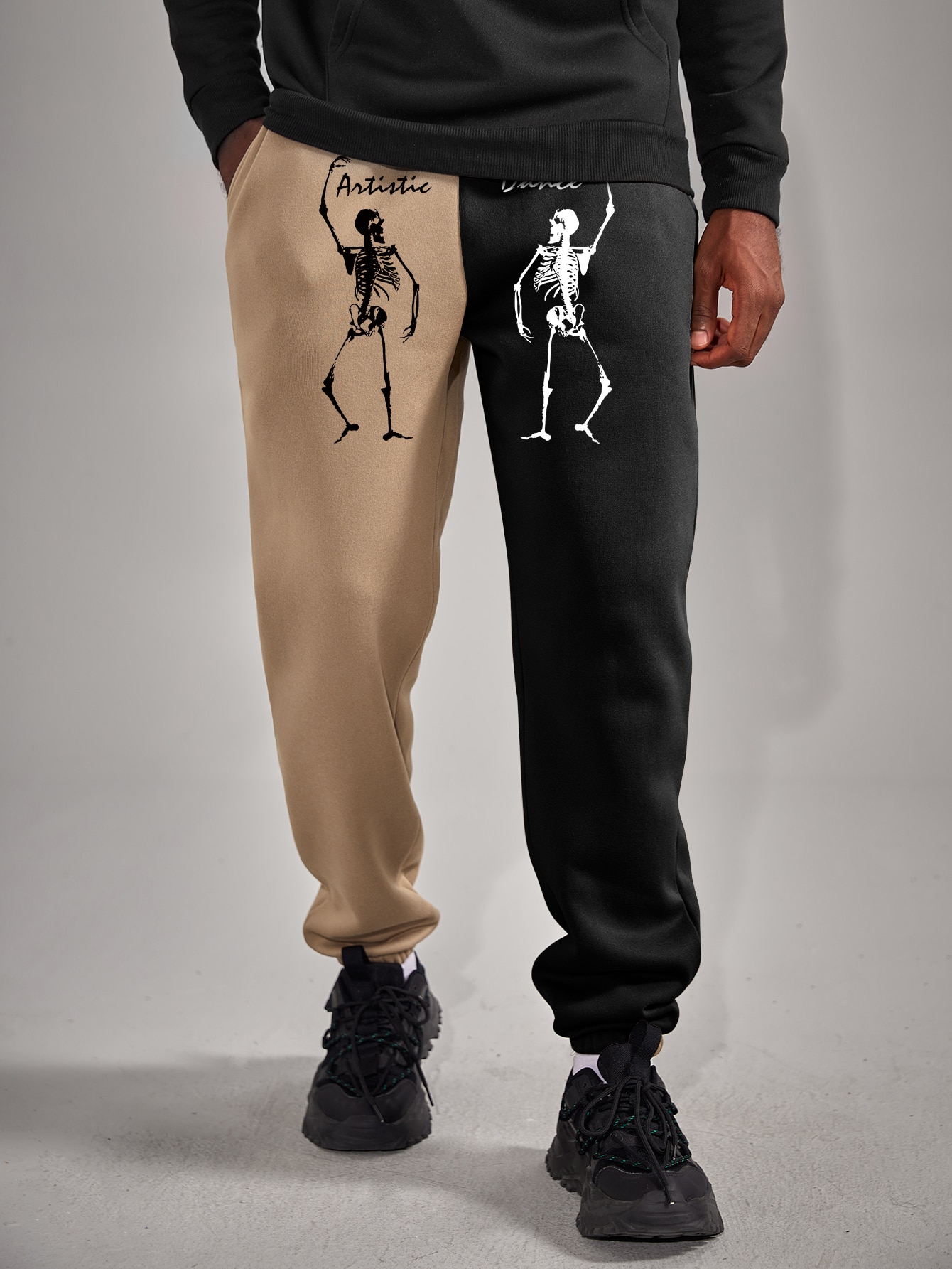 ROMWE Guys Skeleton Print Two Tone Sweatpants