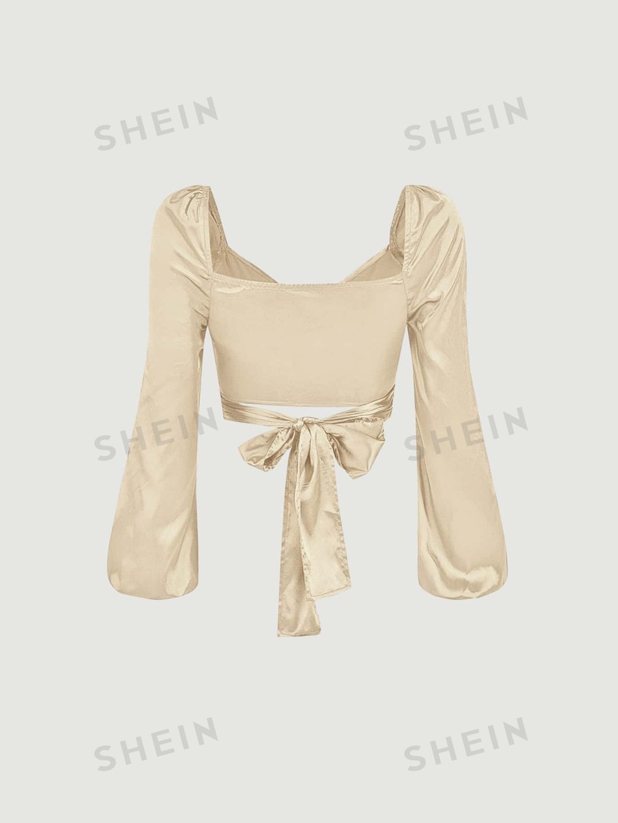 SHEIN MOD Lantern Sleeve Tie Back Satin Top | SHEIN UK