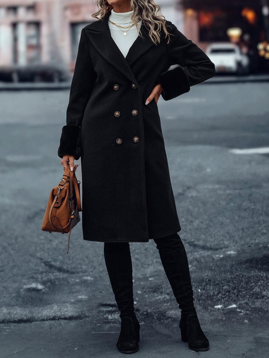 SHEIN LUNE Fuzzy Cuff Double Breasted Overcoat | SHEIN UK
