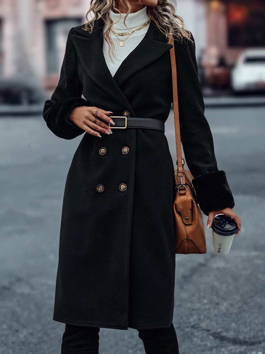 SHEIN LUNE Fuzzy Cuff Double Breasted Overcoat | SHEIN UK