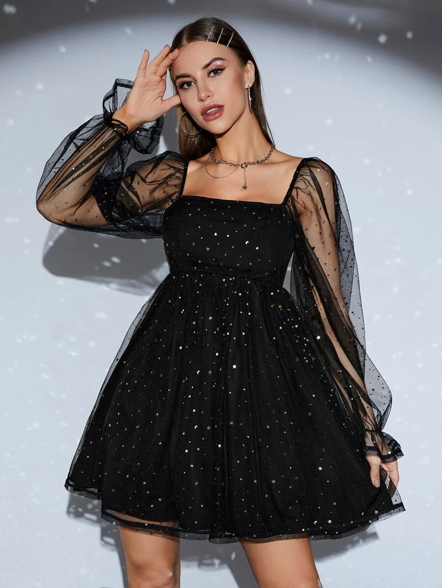 SHEIN BAE Square Neck Flounce Sleeve Star Mesh Dress | SHEIN USA