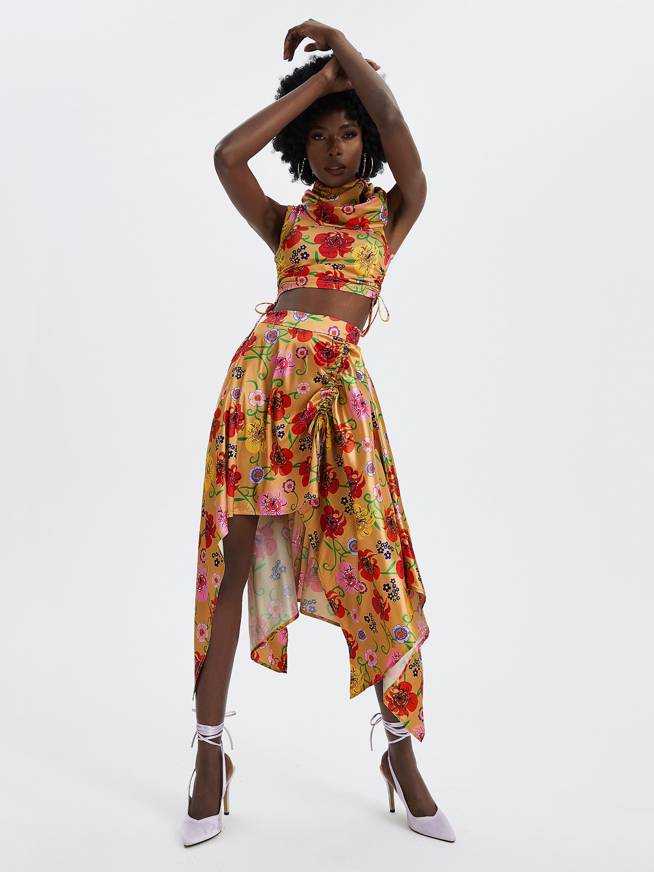 RUNWAY SHERO Floral Print Drawstring Side Top & Asymmetrical Skirt Set ...