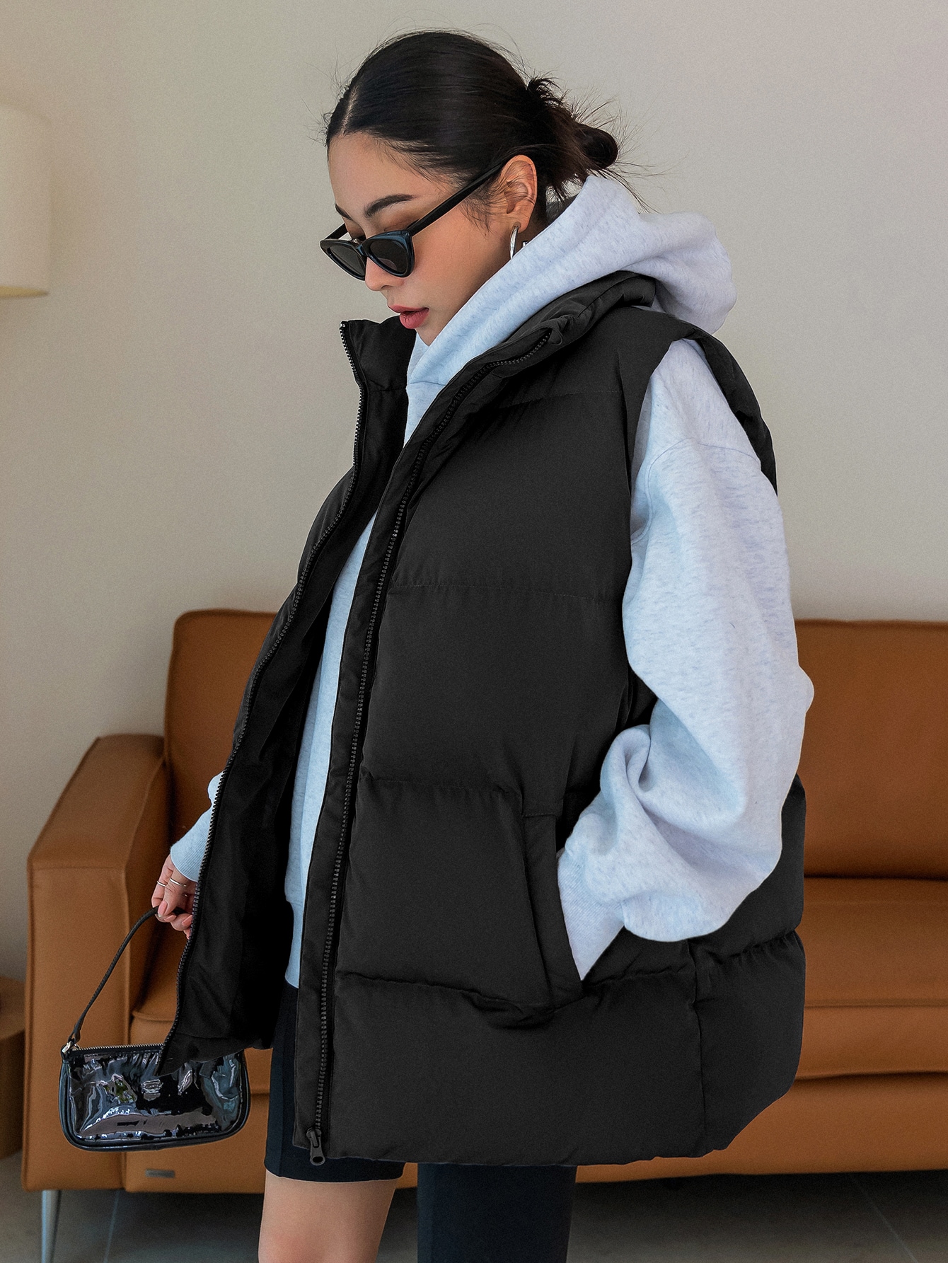 DAZY Slant Pockets Vest Puffer Pockets Coat Without Hoodie | SHEIN UK