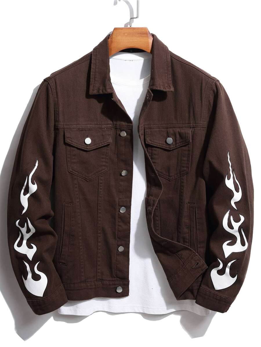 Manfinity Men Fire Print Flap Pocket Denim Jacket Without Tee | SHEIN USA
