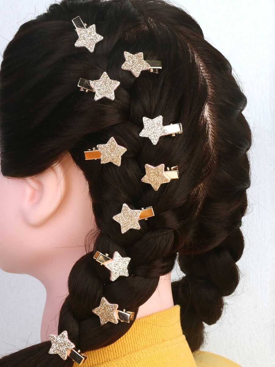 10pcs Girls' Gold Glitter Star Shaped Hair Clip, Silver Color Five ...
