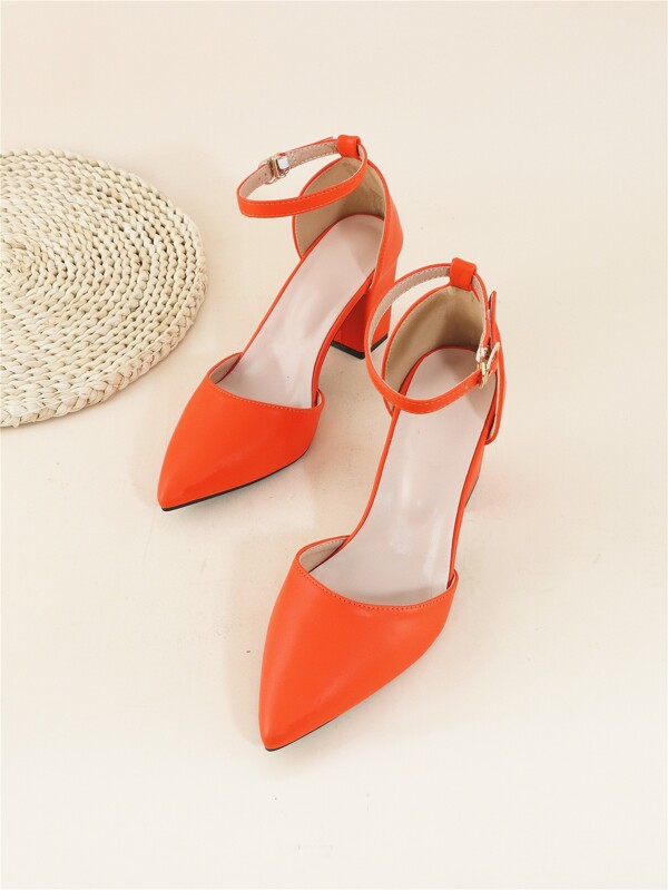 Neon Orange Point Toe Chunky Heeled Ankle Strap Pumps | SHEIN USA