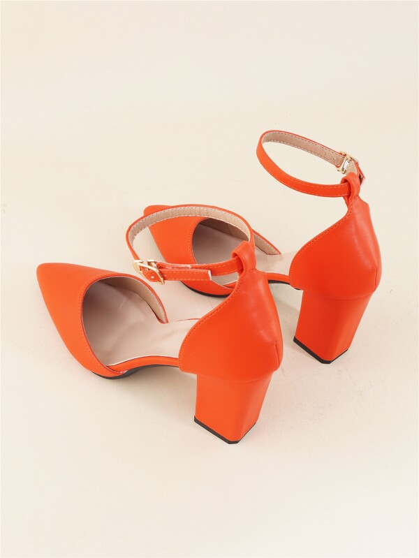 Neon Orange Point Toe Chunky Heeled Ankle Strap Pumps | SHEIN USA