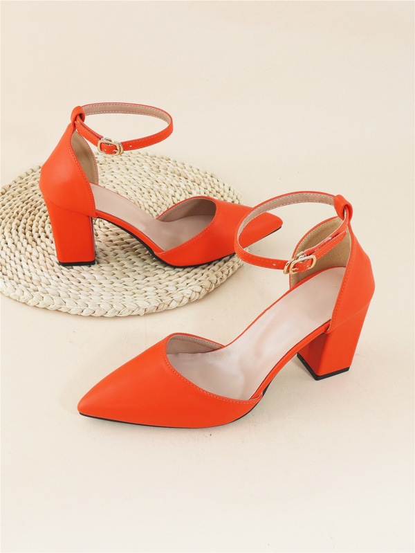 Neon Orange Point Toe Chunky Heeled Ankle Strap Pumps | SHEIN USA