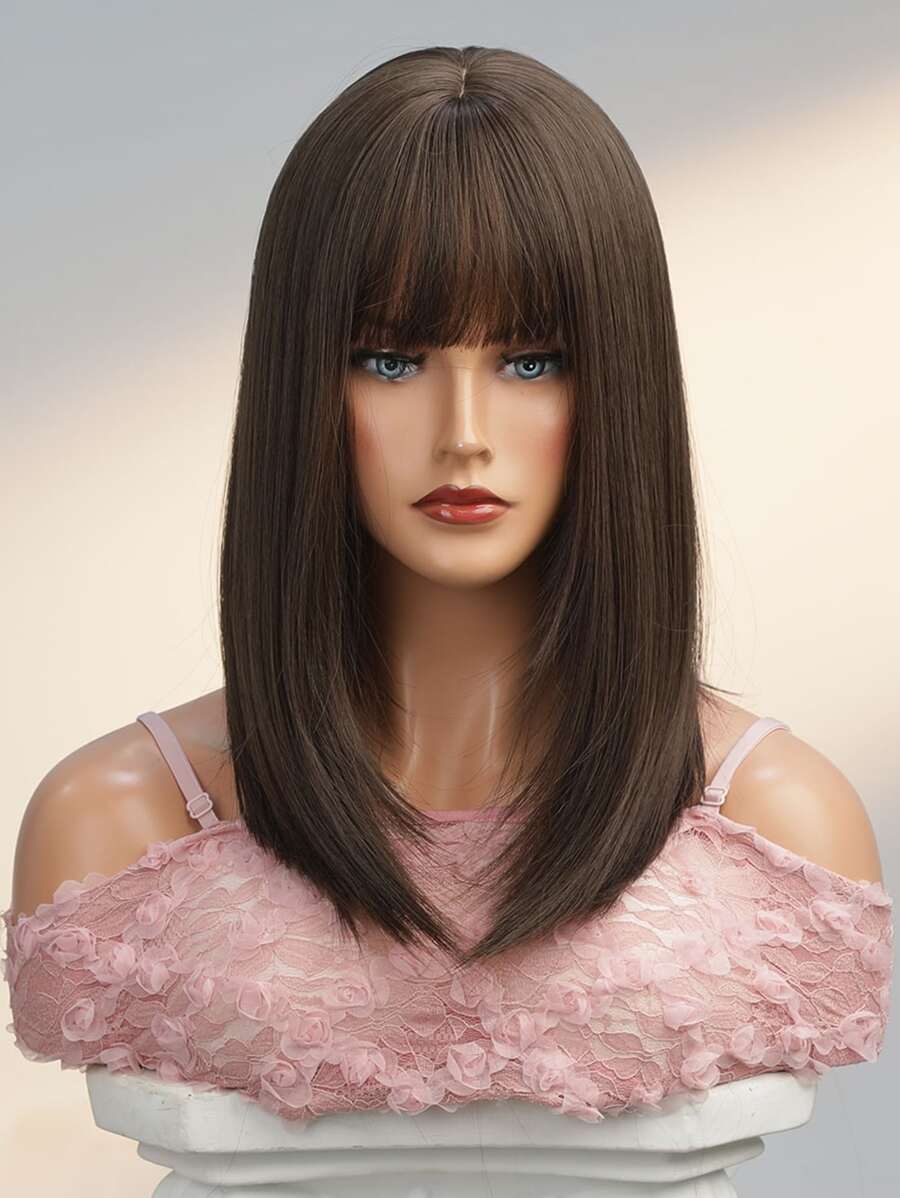 HAIRCUBE 16 Inch Long Straight Wigs With Bangs Natural Brown (Black And ...