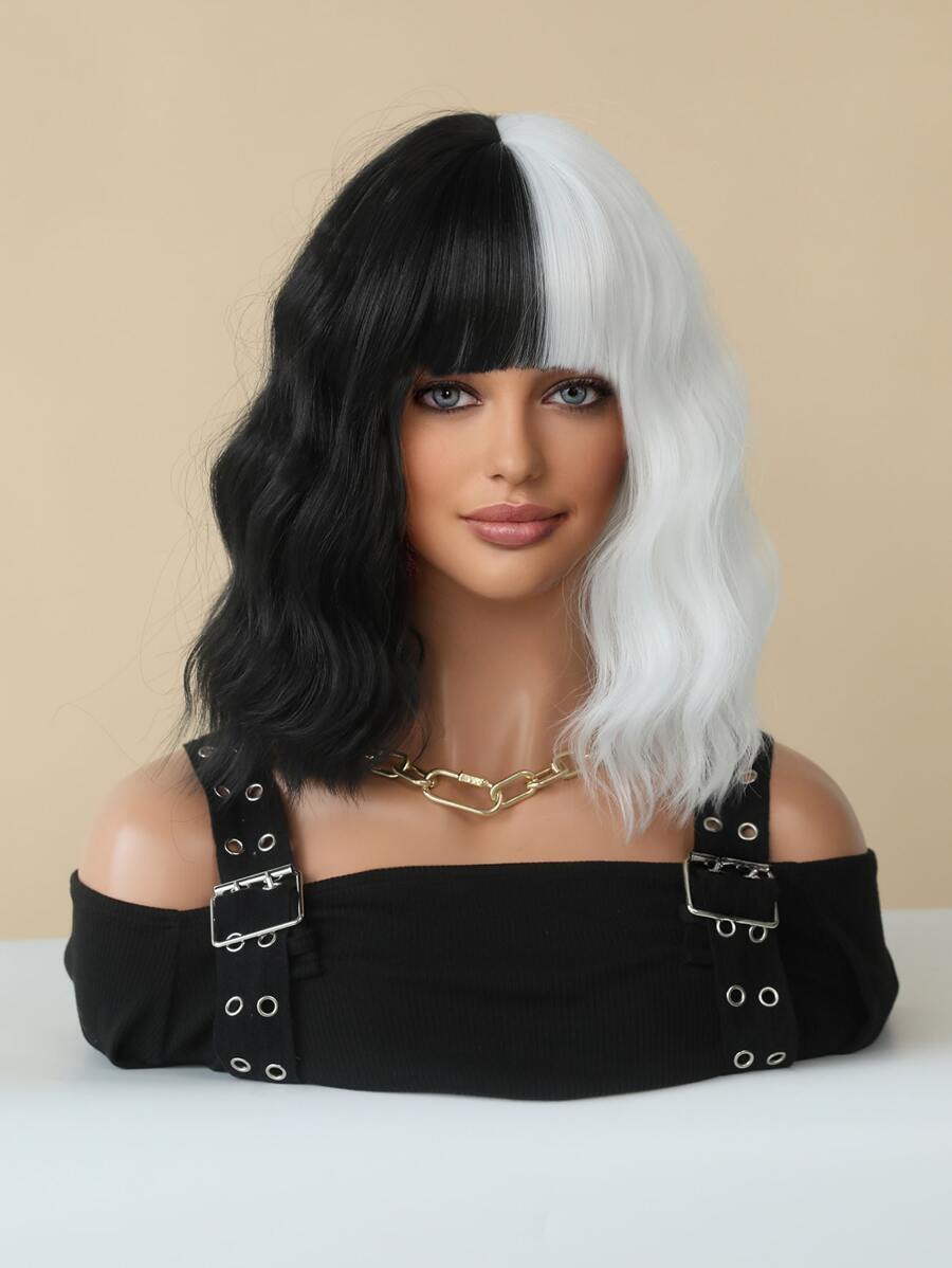7JHHWIGS Black White Wig Soft Short Wavy Bob Wig For Women Shoulder ...